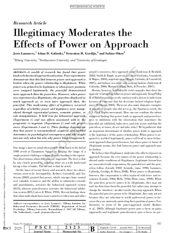 (PDF) Illegitimacy Moderates the Effects of Power on Approach