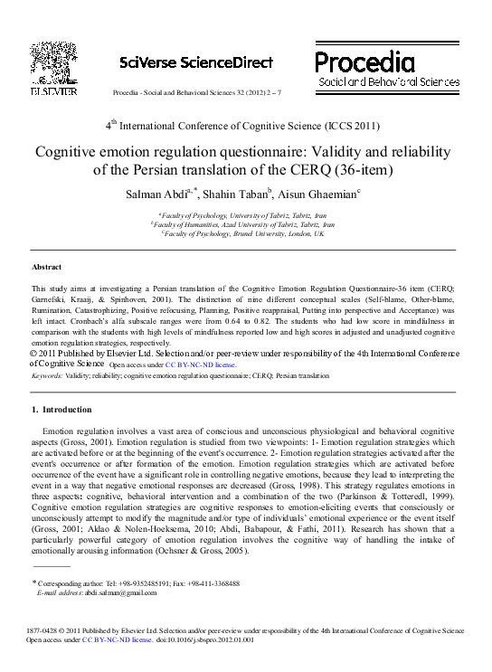 (PDF) Cognitive emotion regulation questionnaire: Validity and ...