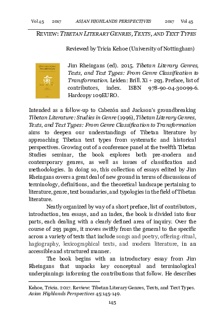 (PDF) AHP 45: Kehoe, Tricia. 2017. Review: Tibetan Literary Genres ...