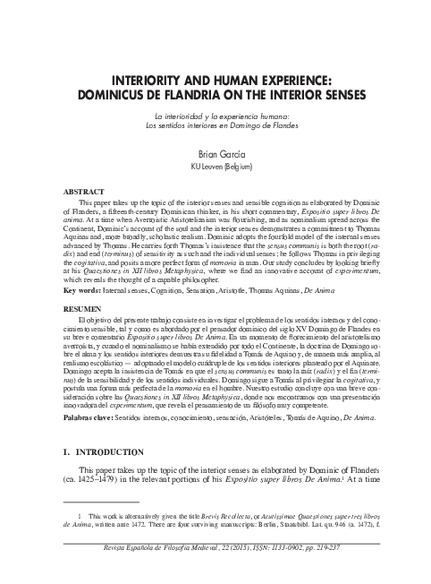 (PDF) Interiority and Human Experience: Dominicus de Flandria on the ...