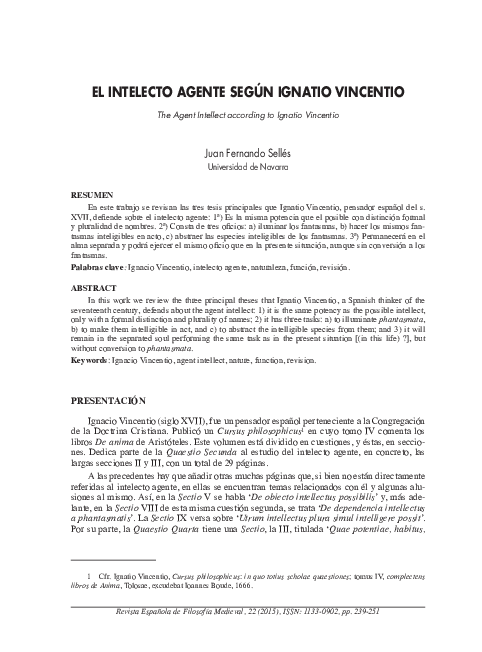 (PDF) El intelecto agente según Ignatio Vincentio, por Juan F. SELLÉS
