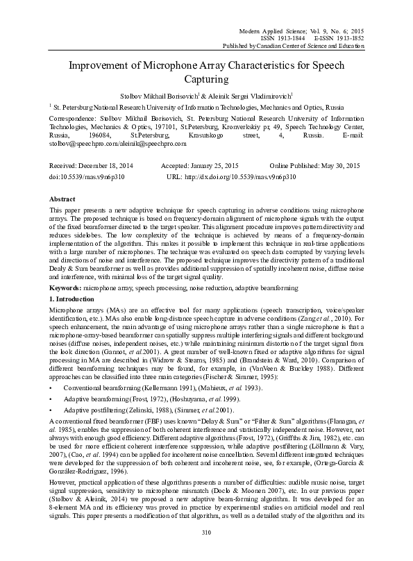 (PDF) Improvement of Microphone Array Characteristics for Speech Capturing
