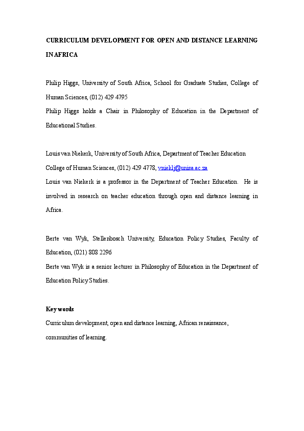 (DOC) CURRICULUM DEVELOPMENT FOR OPEN AND DISTANCE LEARNING IN AFRICA ...