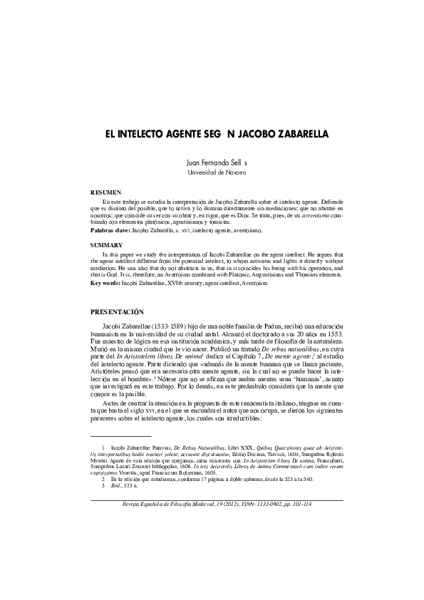 (PDF) El intelecto agente según Jacobo Zabarella, por Juan F. SELLÉS