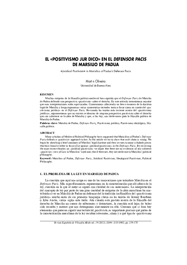 (PDF) El «positivismo jurídico» en el Defensor Pacis de Marsilio de ...