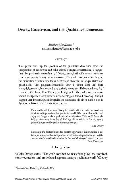 (PDF) Dewey, Enactivism, and the Qualitative Dimension