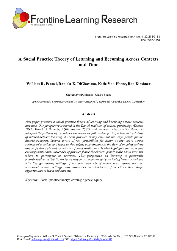 (PDF) A Social Practice Theory of Learning and Becoming Across Contexts ...