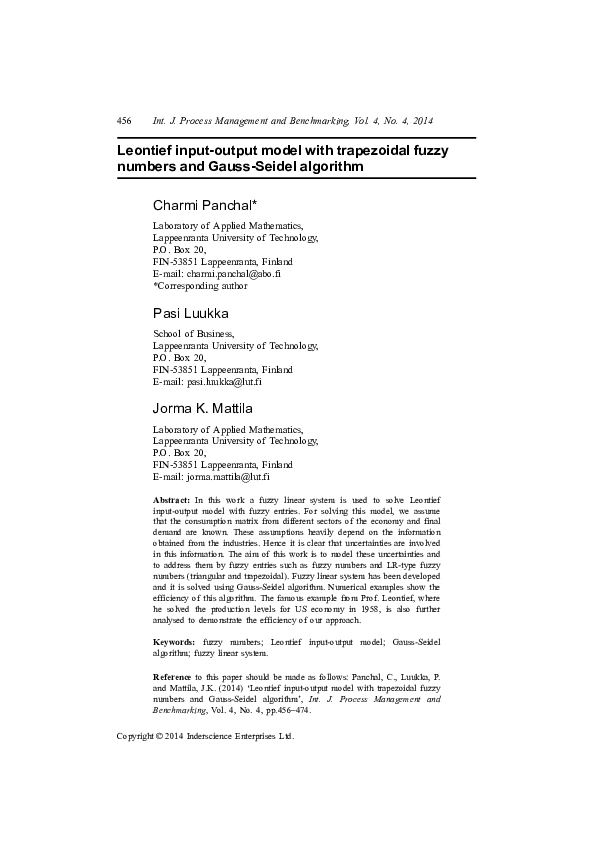 (PDF) Leontief input-output model with trapezoidal fuzzy numbers and Gauss-Seidel algorithm