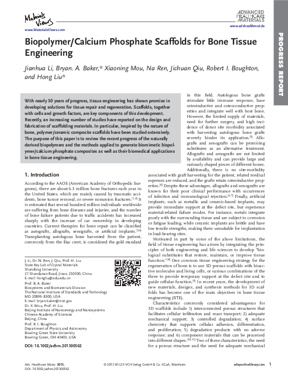 (PDF) Biopolymer/Calcium phosphate scaffolds for bone tissue engineering