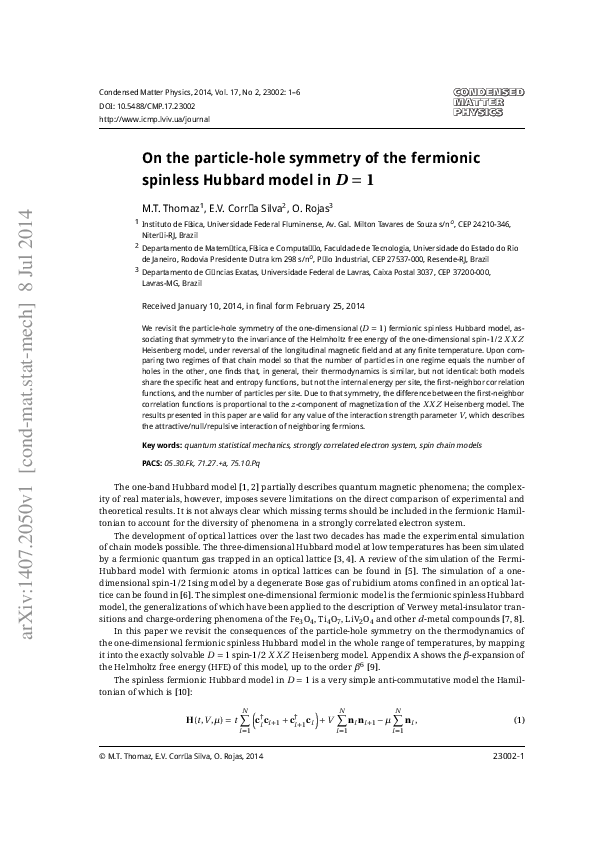 (PDF) On the particle-hole symmetry of the fermionic spinless Hubbard model in D=1