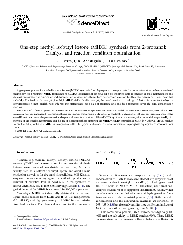 (PDF) One-step methyl isobutyl ketone (MIBK) synthesis from 2-propanol ...