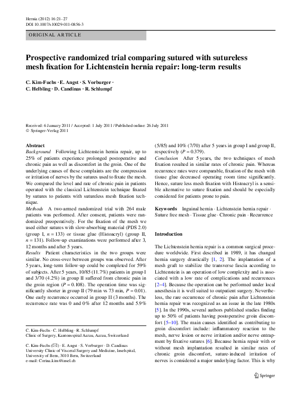 (PDF) Randomized, controlled, blinded trial of Tissucol/Tisseel for mesh fixation in patients ...