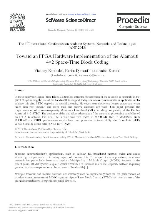 (PDF) Toward an FPGA Hardware Implementation of the Alamouti 4x2 Space-time Block Coding