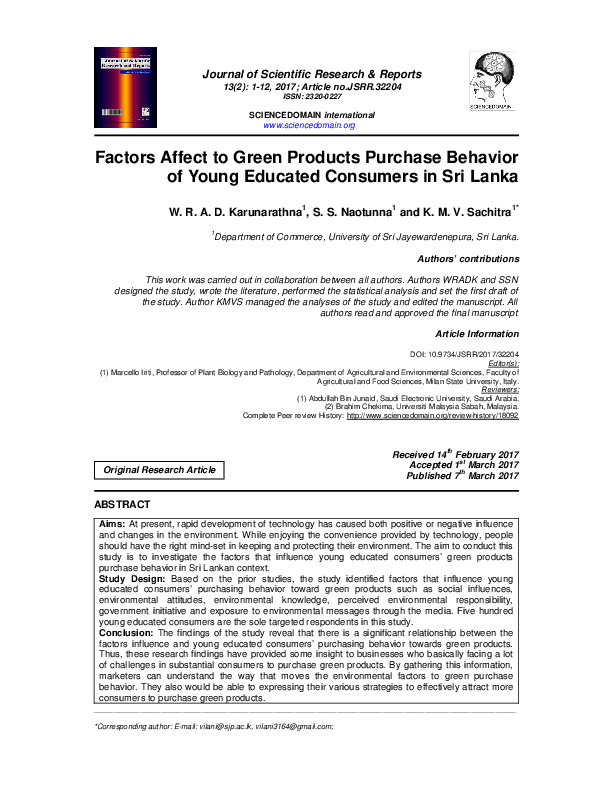 (PDF) Factors Affect to Green Products Purchase Behavior of Young Educated Consumers in Sri Lanka