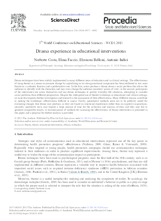 (PDF) Drama Experience in Educational Interventions