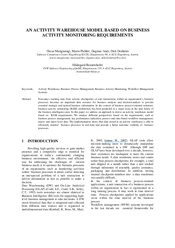 (PDF) Activity warehouse: Data management for business activity monitoring