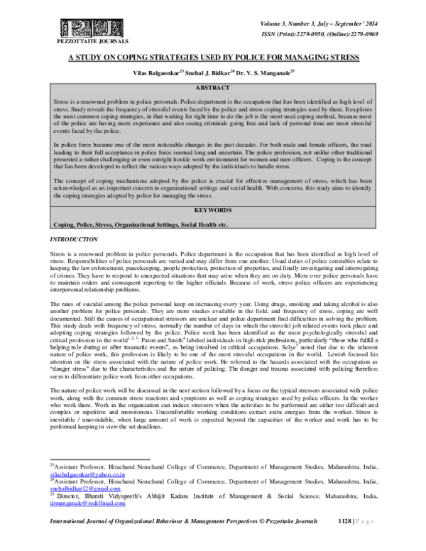 (PDF) A STUDY ON COPING STRATEGIES USED BY POLICE FOR MANAGING STRESS