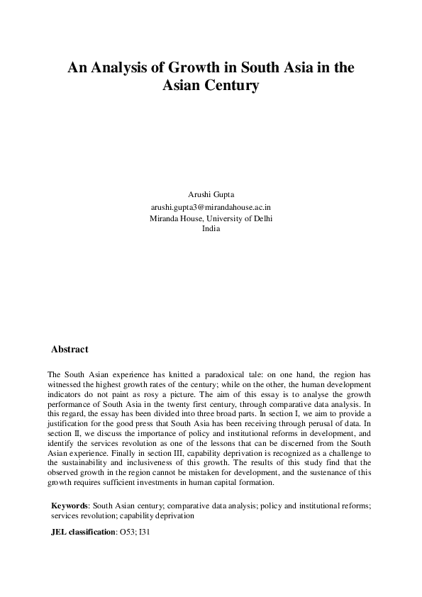 (PDF) An Analysis of Growth in South Asia in the Asian Century