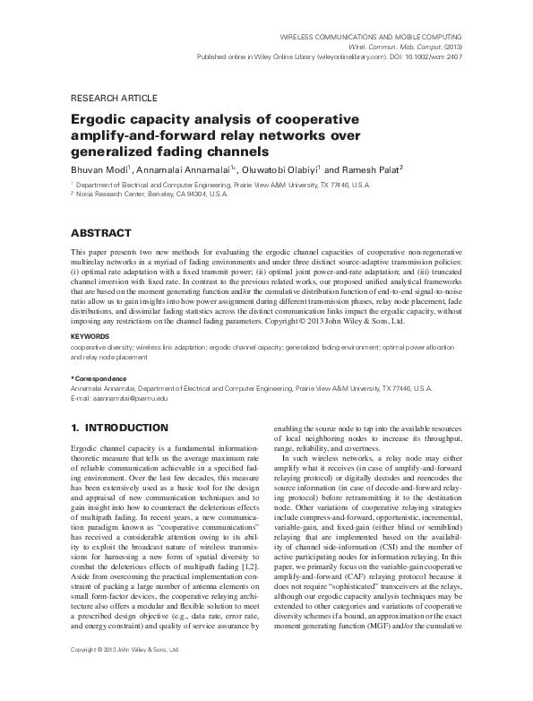 (PDF) Ergodic capacity analysis of cooperative amplify-and-forward relay networks over ...