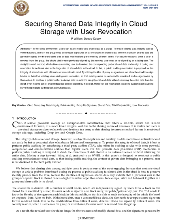 (PDF) Securing Shared Data Integrity in Cloud Storage with User Revocation