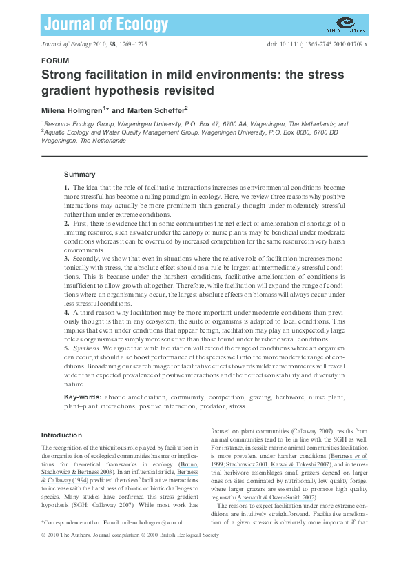 (PDF) Strong facilitation in mild environments: the stress gradient ...