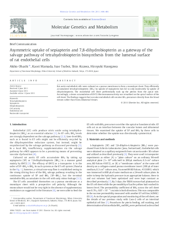 (PDF) Asymmetric uptake of sepiapterin and 7,8-dihydrobiopterin as a ...
