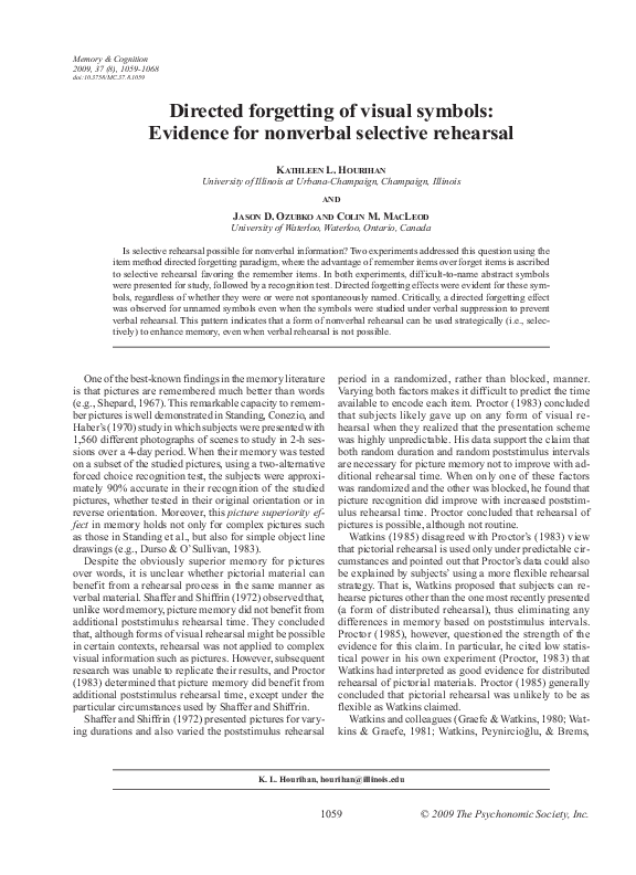 (PDF) Directed forgetting of visual symbols: Evidence for nonverbal selective rehearsal