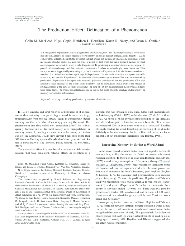 (PDF) The production effect: Delineation of a phenomenon