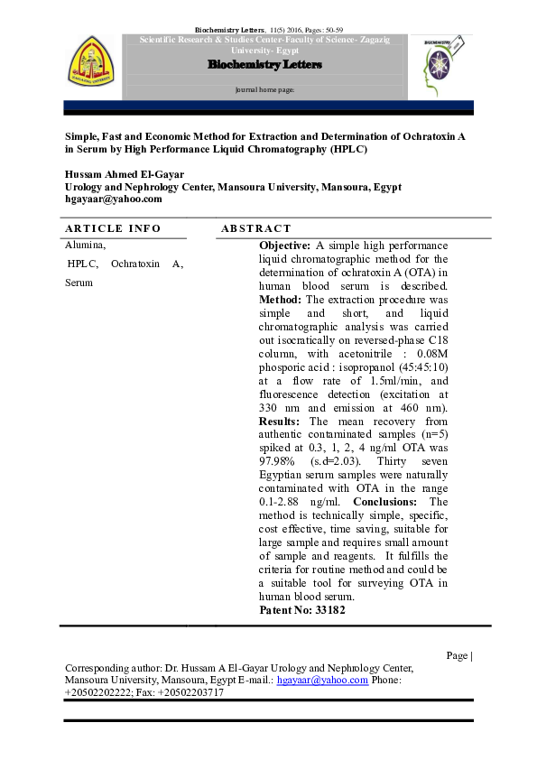 (PDF) Simple, Fast and Economic Method for Extraction and Determination of Ochratoxin A in Serum ...