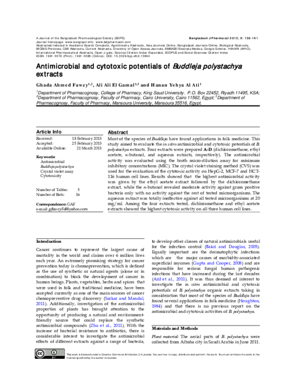 (PDF) Antimicrobial and cytotoxic potentials of Buddleja polystachya ...
