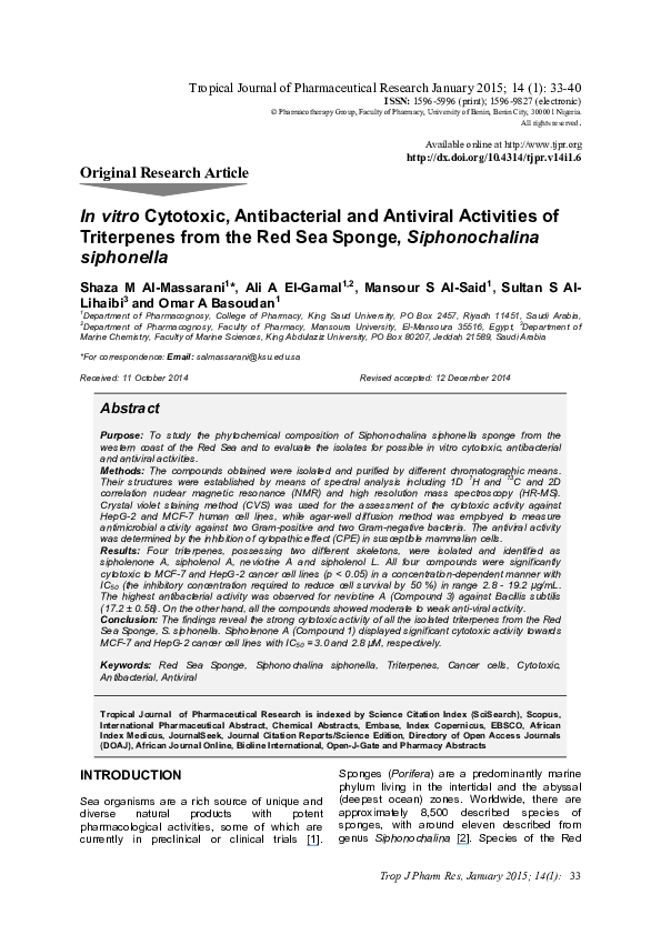 (PDF) In vitro Cytotoxic, Antibacterial and Antiviral Activities of Triterpenes from the Red Sea ...