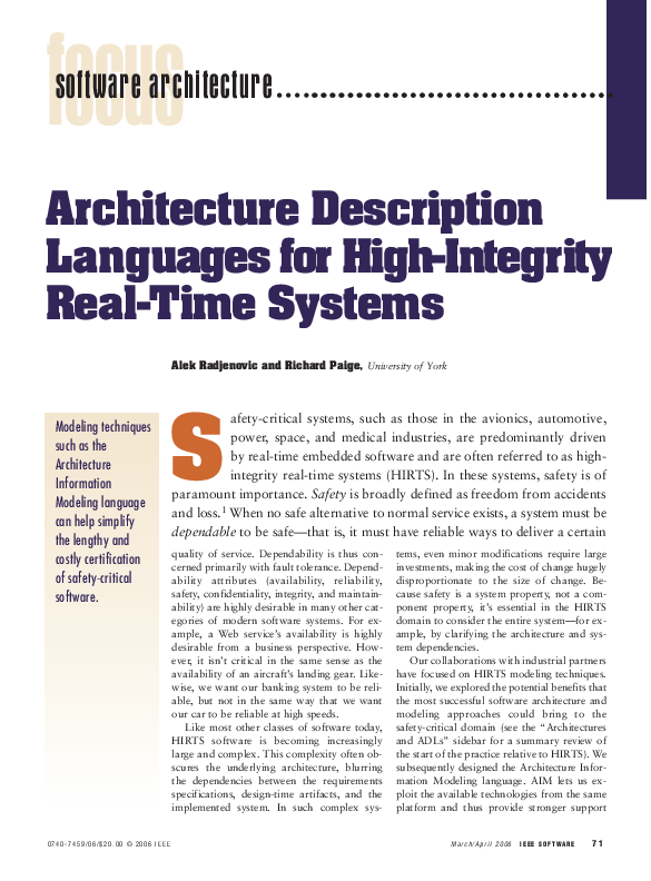 (PDF) Architecture description languages for high-integrity real-time systems