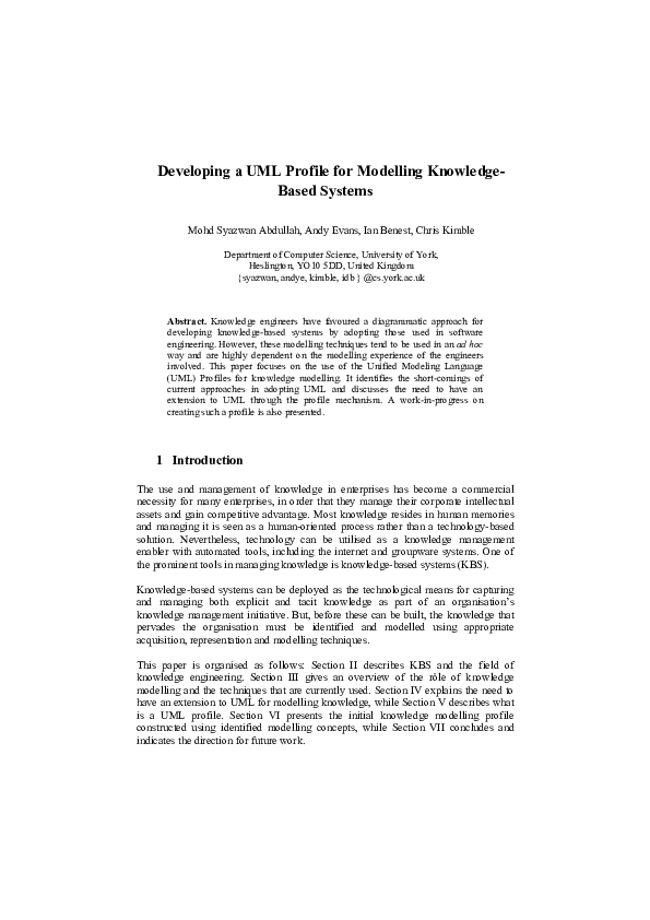 Pdf Developing A Uml Profile For Modelling Knowledge Based Systems