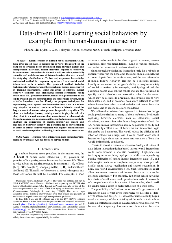 (PDF) Data-Driven HRI: Learning Social Behaviors by Example from Human ...