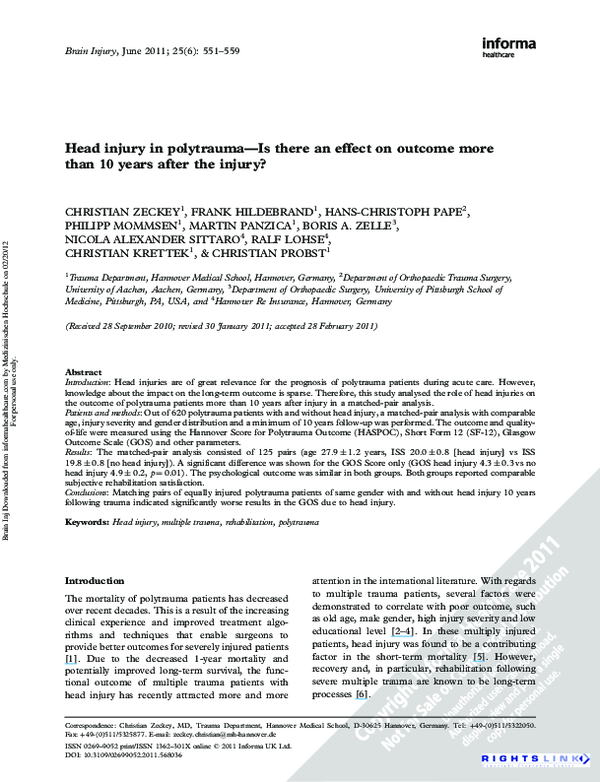 (PDF) Head injury in polytrauma—Is there an effect on outcome more than ...