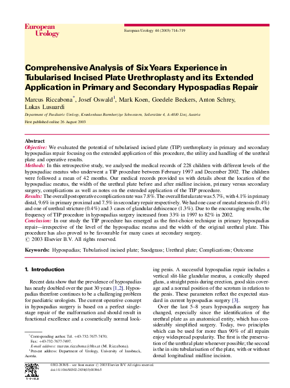 (PDF) Comprehensive Analysis of Six Years Experience in Tubularised ...