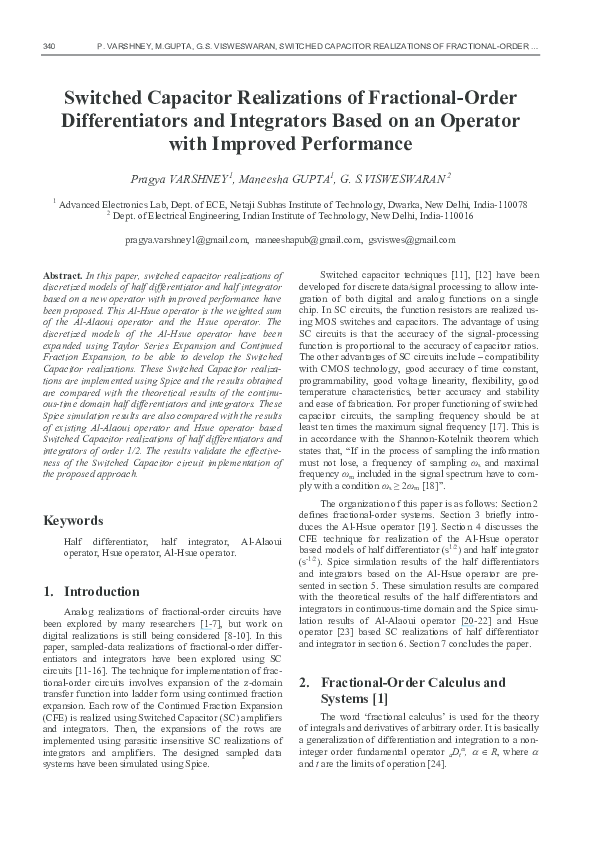 Pdf Switched Capacitor Realizations Of Fractional Order Differentiators And Integrators Based