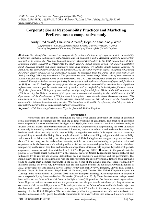 (PDF) Corporate Social Responsibility Practices and Marketing Performance: a comparative study