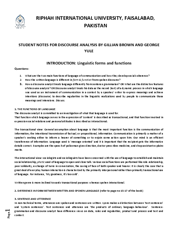 (PDF) STUDENT NOTES FOR DISCOURSE ANALYSIS BY GILLIAN BROWN AND GEORGE YULE