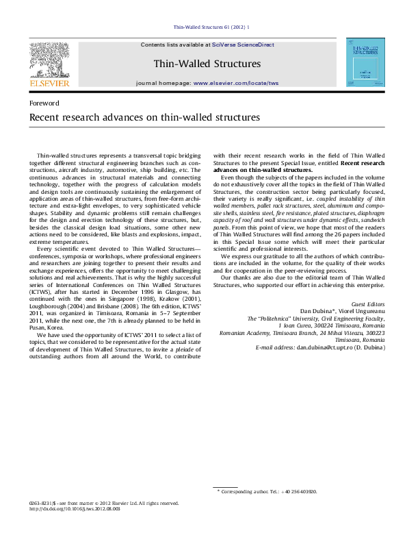 (PDF) Recent research advances on thin-walled structures
