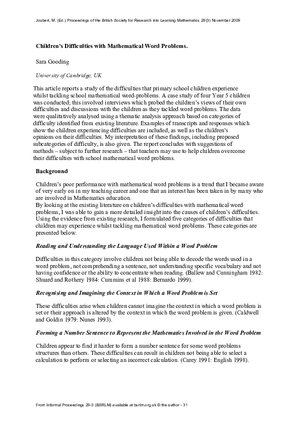 Children's Difficulties with Mathematical Word Problems
