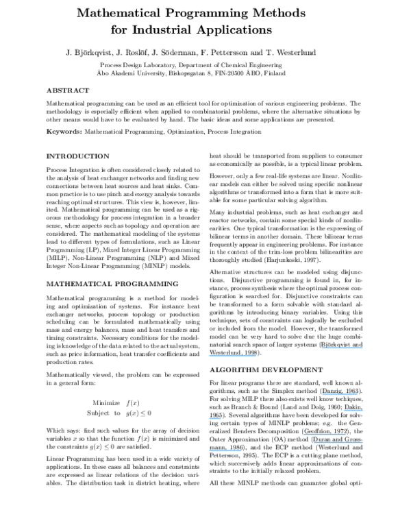 (PDF) Mathematical Programming Methods for Industrial Applications