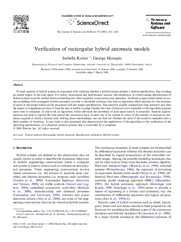 (PDF) Verification of rectangular hybrid automata models | Isabella Kotini - Academia.edu