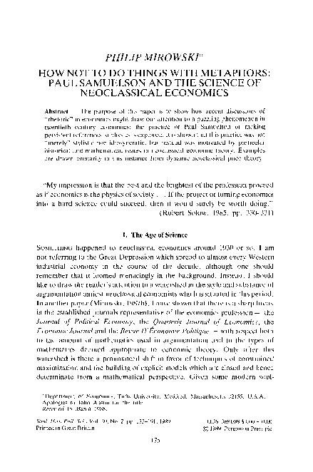 (PDF) HOW NOT TO DO THINGS WITH METAPHORS: PAUL SAMUELSON AND THE ...