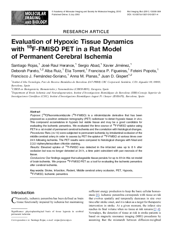(PDF) Evaluation of Hypoxic Tissue Dynamics with 18F-FMISO PET in a Rat ...