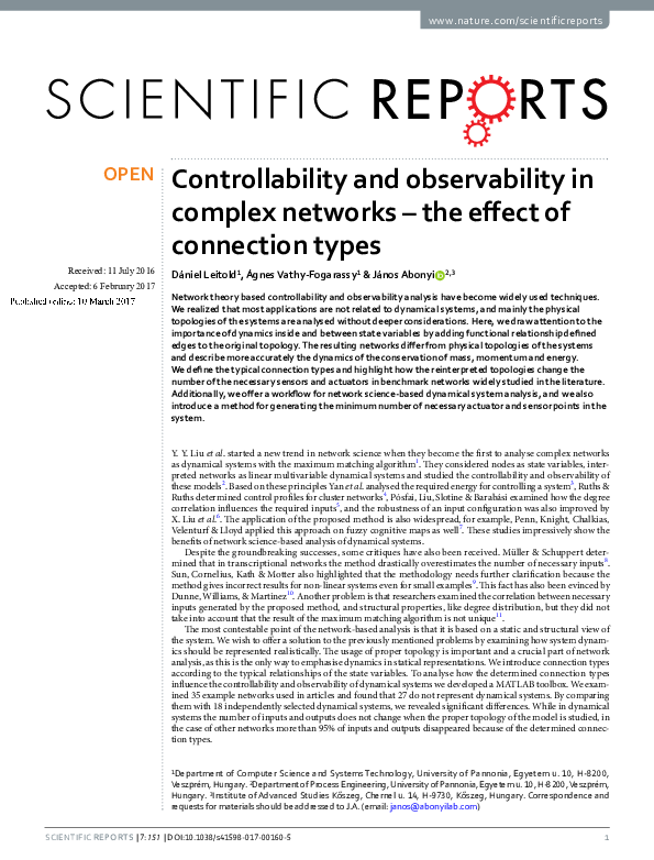 Pdf Controllability And Observability In Complex Networks The Effect Of Connection Types
