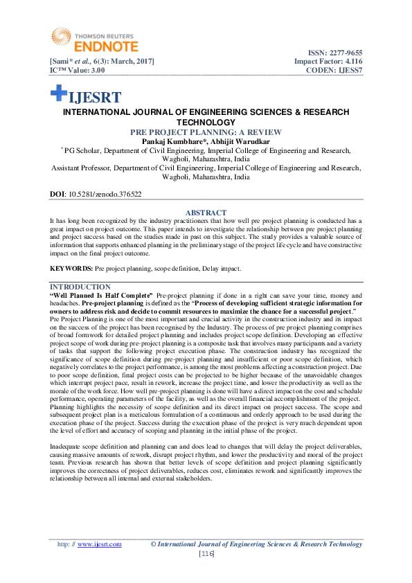 (PDF) PRE PROJECT PLANNING: A REVIEW