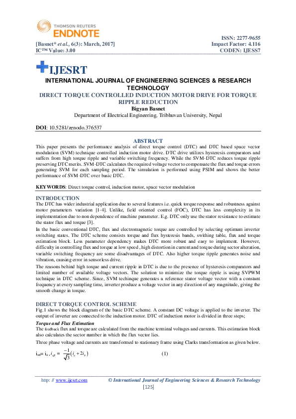 Pdf Direct Torque Controlled Induction Motor Drive For Torque Ripple