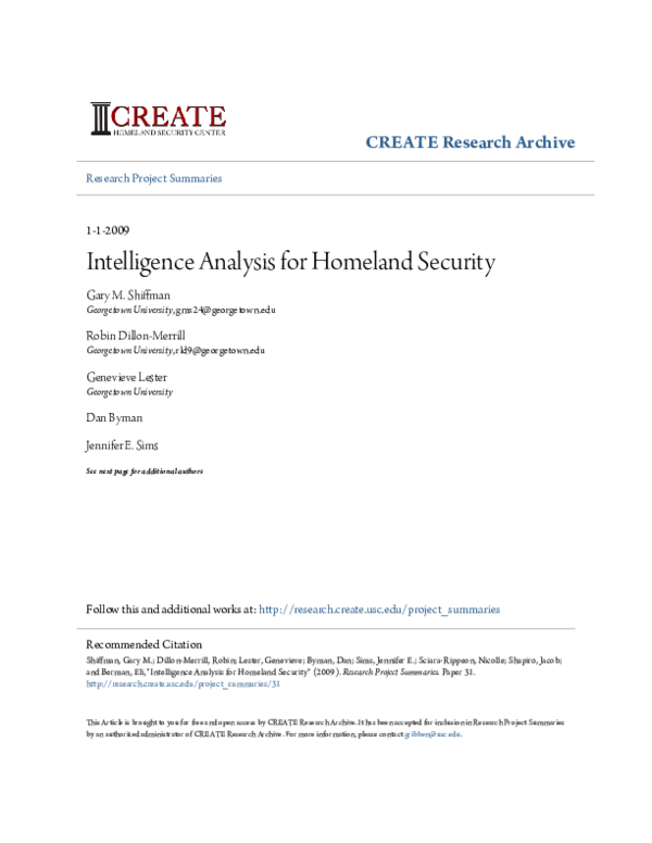 (PDF) Intelligence Analysis for Homeland Security