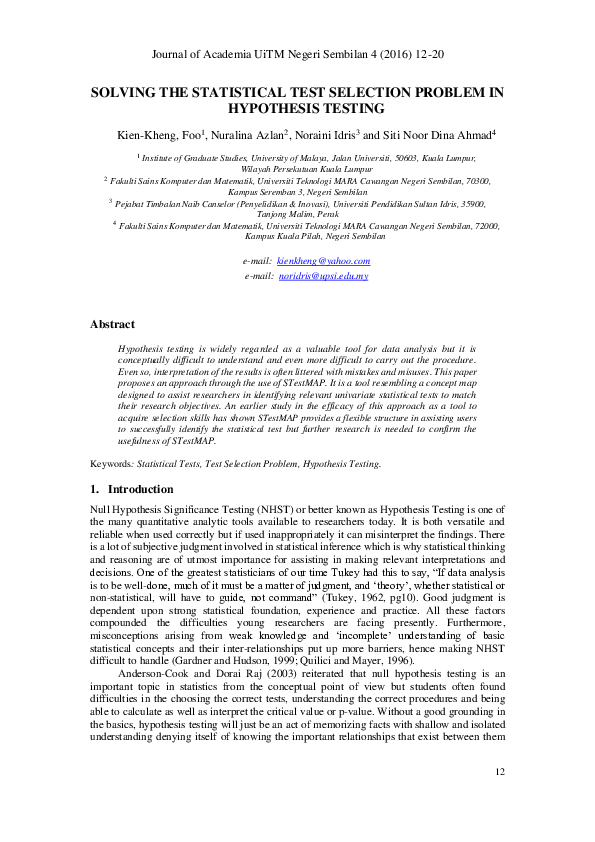 Pdf Solving The Statistical Test Selection Problem In Hypothesis Testing